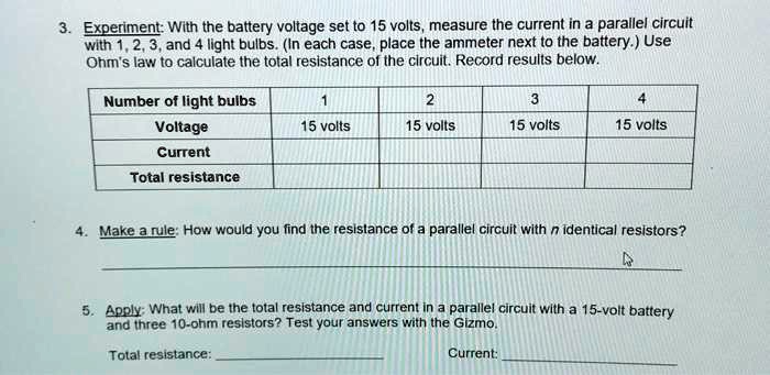 experment with the battery voltage set to 15 volts measure the current ...