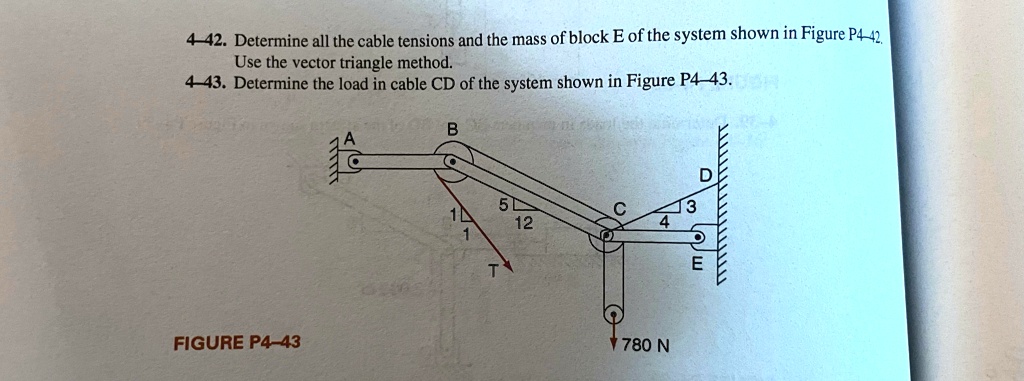 [GET ANSWER] 4-42. Determine all the cable tensions and the mass of block E of the system shown ...