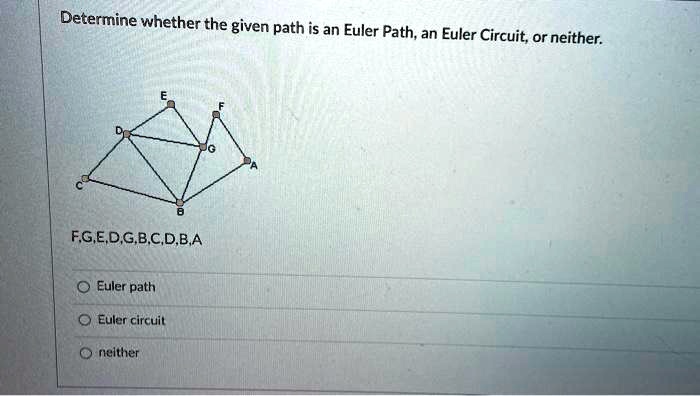 SOLVED: Determine whether the given path is an Euler Path; an Euler Circuit or neither FGEDG,B ...