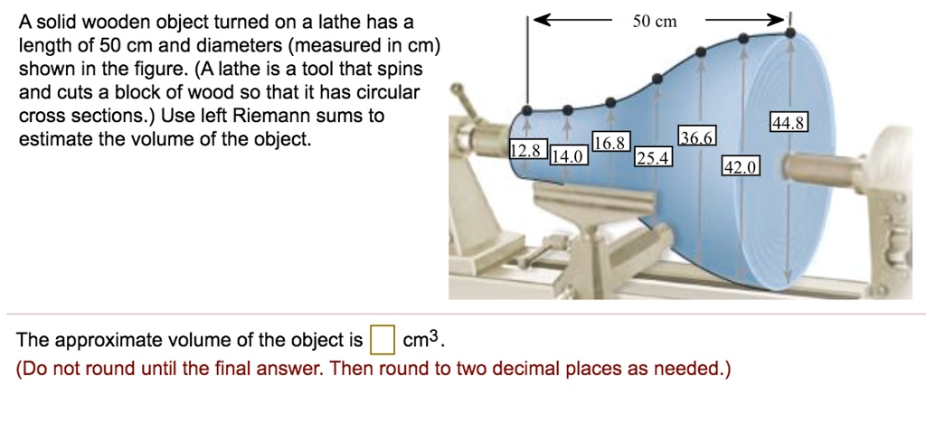 SOLVED: A solid wooden object turned on a lathe has a length of 50 cm and diameters (measured in ...