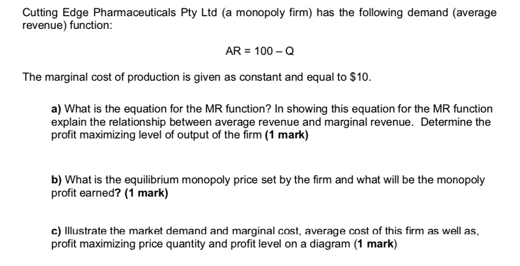 SOLVED: Cutting Edge Pharmaceuticals Pty Ltd (a monopoly firm) has the ...