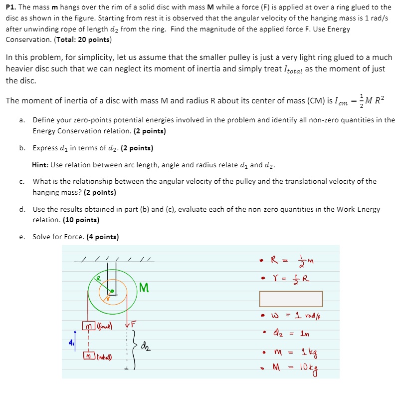 P1. The mass m hangs over the rim of a solid disc with mass M while a ...
