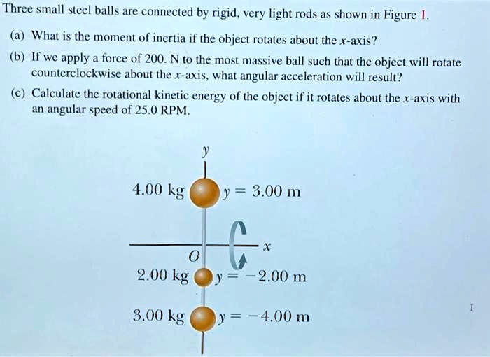 SOLVED: Three small steel balls are connected by rigid,very light rods ...