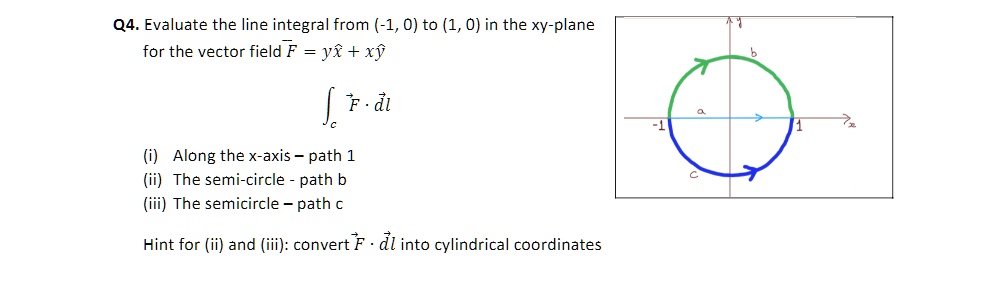 SOLVED:04, Evaluate the line integral from (-1, 0) to (1, 0) in the Xy ...