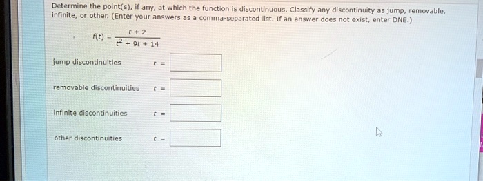 SOLVED: Determine the point(s) at which the function is discontinuous. Classify any ...