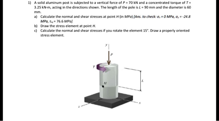 1) A solid aluminum post is subjected to a vertical force of P = 70 kN and a concentrated torque ...
