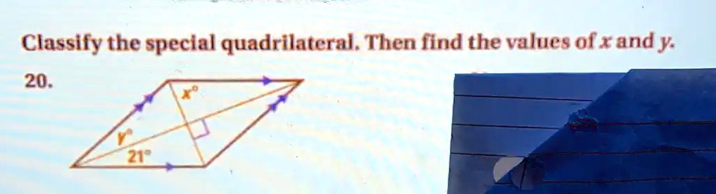 [GET ANSWER] Classify the special quadrilateral. Then find the values of x and y. 20.