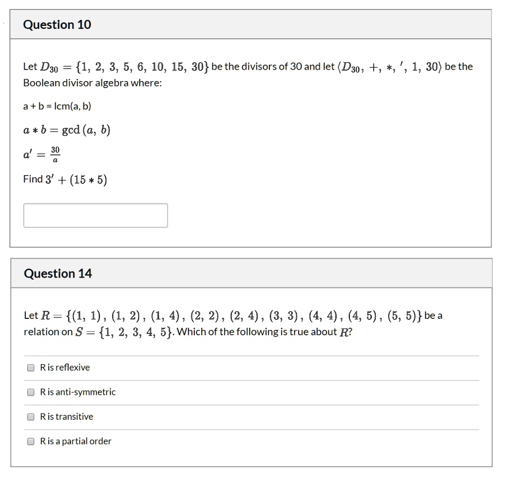 question 10 let d3o 1 2 3 5 6 10 15 30 be the divisors of 30 and let ...