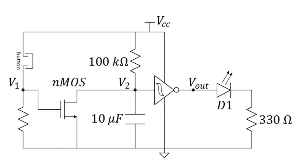 -Vcc button V1 nMOS 100 k? V2 10 µF Vout D1 330