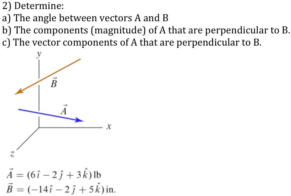 SOLVED: 2) Determine: a) The angle between vectors A and B b) The ...