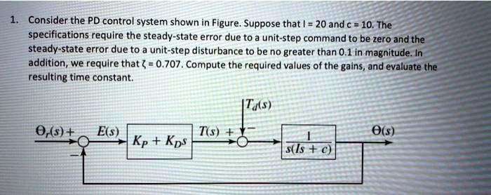 SOLVED: Consider the PD control system shown in Figure. Suppose that I = 20 and c = 10. The ...