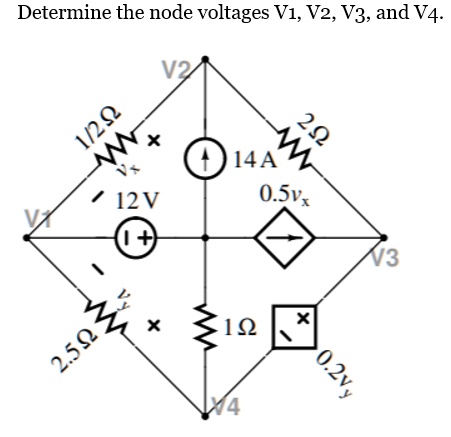 SOLVED: Determine the node voltages V1, V2, V3, and V4. 1/292 14A 0.5Vx 12V W 19 0.2V