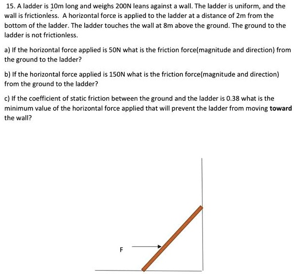 SOLVED: A ladder is 1Om long and weighs ZOON leans against wall: The ...