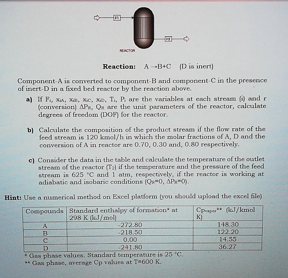 SOLVED: REACTOR ReactionA-B+CD is inert) Component-A is converted to component-B and component-C ...