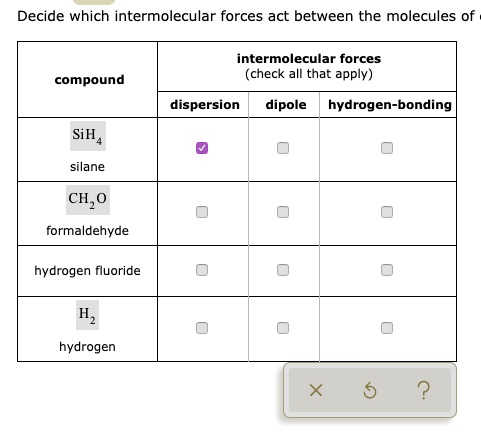 SOLVED: Decide which intermolecular forces act between the molecules of ...