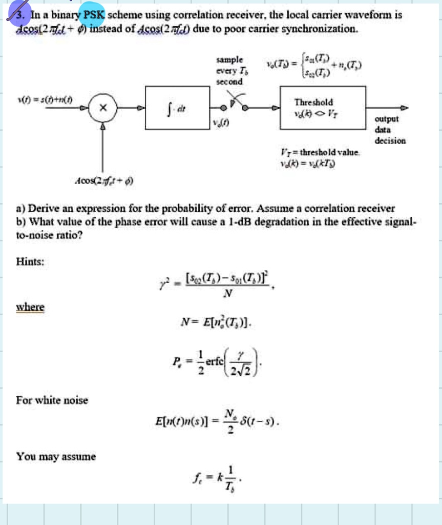 Solved Texts In A Binary Psk Scheme Using A Correlation Receiver The Local Carrier Waveform