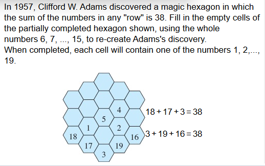 In 1957, Clifford W. Adams discovered a magic hexagon in which the sum of the numbers in any ...