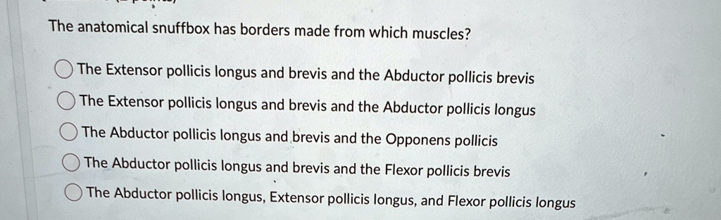 The anatomical snuffbox has borders made from which muscles? The ...