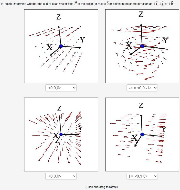 1 point determine whethe the curl of each vector iield f at the origin in red is 0 or points the ...