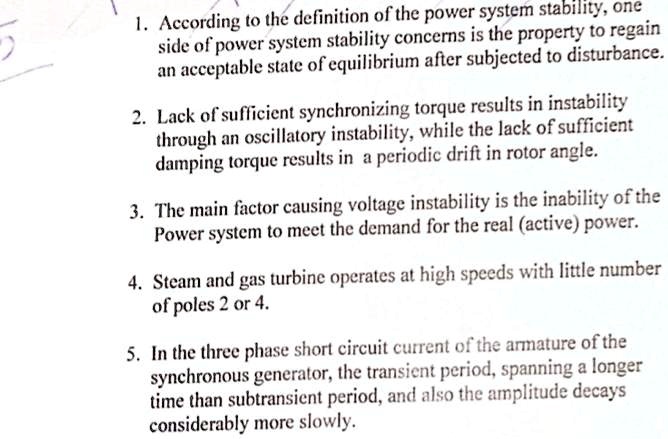 SOLVED: Texts: 1. According to the definition of power system stability, one side of power ...