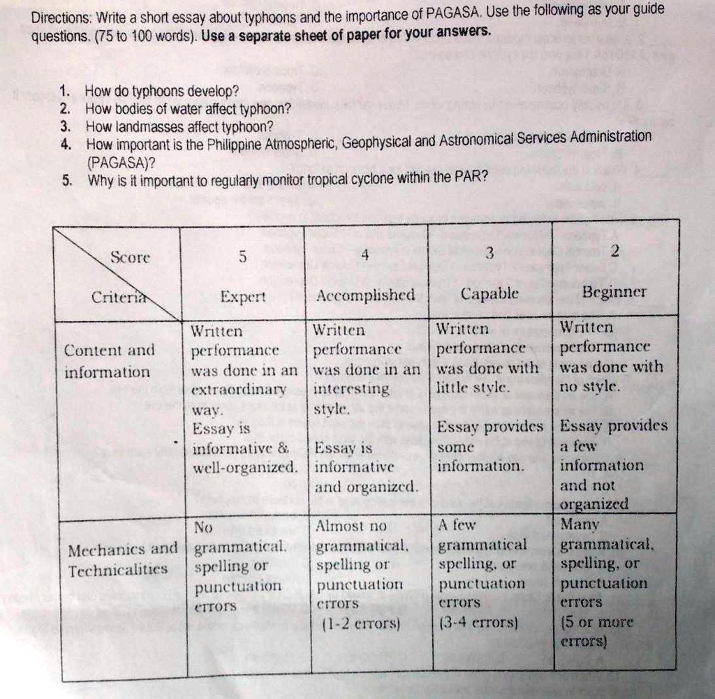 SOLVED: Directions: Write a short essay about typhoons and the ...