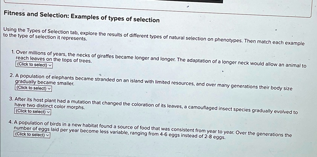 SOLVED: Fitness and Selection: Examples of types of selection Using the ...