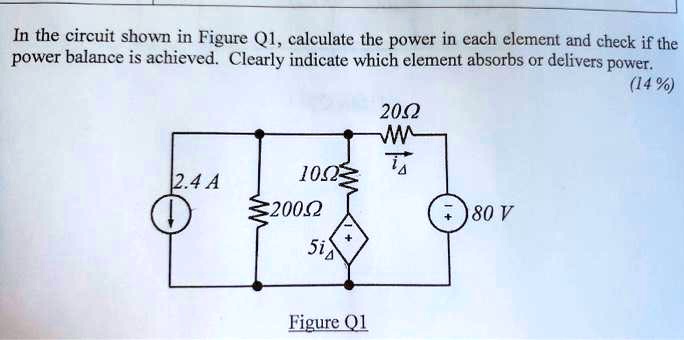 In the circuit shown in Figure Q1, calculate the power in each element and check if the power ...