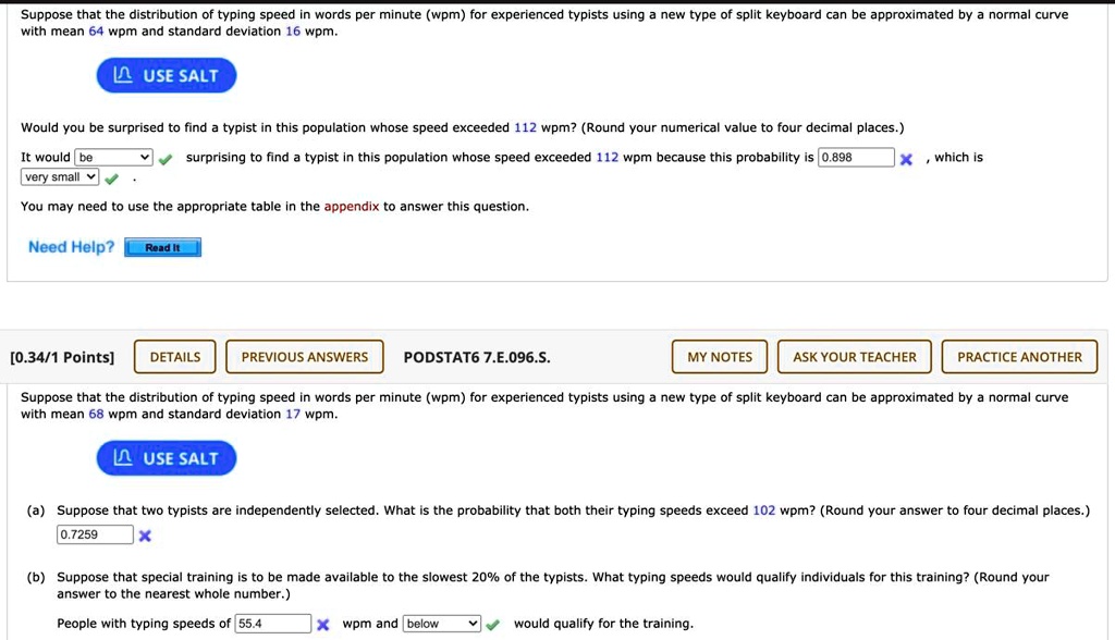 Suppose that the distribution of typing speed in words per...