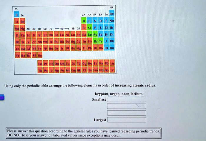 SOLVED: Using only the periodic table arrange the following elements ...