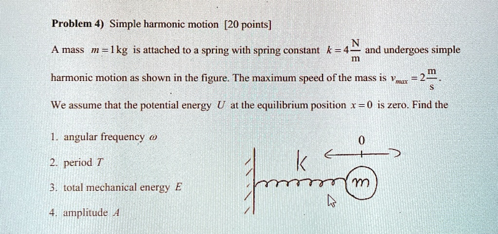 Problem 4) Simple harmonic motion [20 points] A mass m = 1 kg is attached to a spring with ...