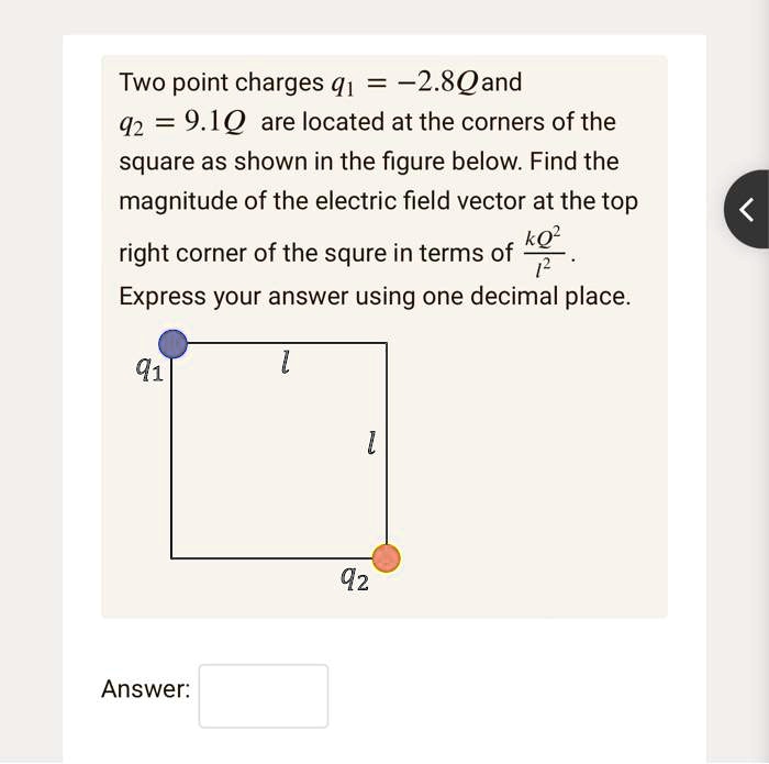 SOLVED: Two point charges q1=-2.8Qand q2=9.1Q are located at the corners of the square as shown ...