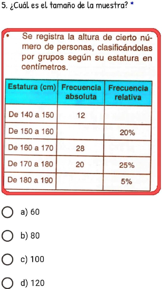 SOLVED: Ayuda porfa doy coronita :v 5. ;Cuál es el tamaño de la muestra ... SOLVED: Ayuda porfa doy coronita :v 5. ;Cuál es el tamaño de la muestra ...