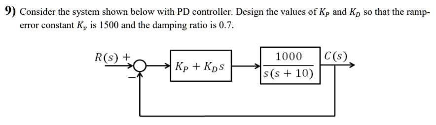 SOLVED: 9) Consider the system shown below with PD controller. Design the values of Kp and Kp so ...