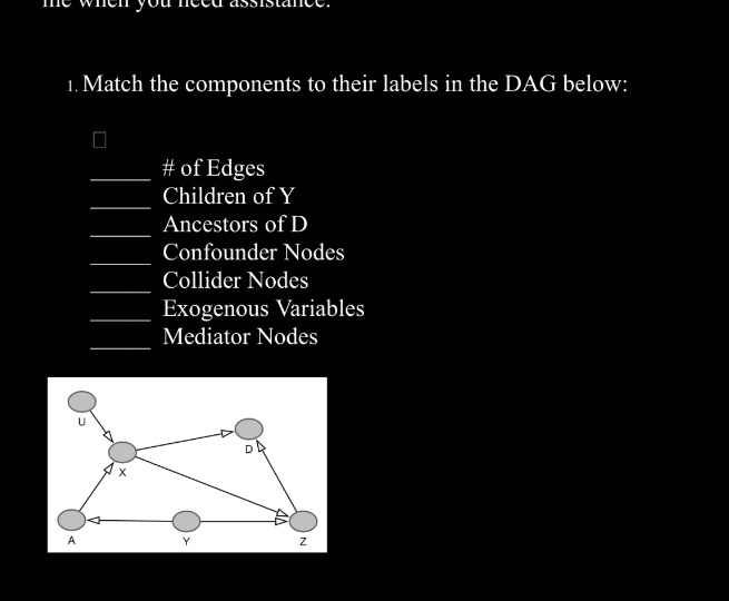 1. Match the components to their labels in the DAG below: # of Edges Children of Y Ancestors of ...