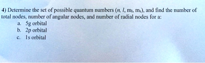SOLVED: 4) Determine the set of possible quantum numbers (n, [, mi; ms), and find the number of ...