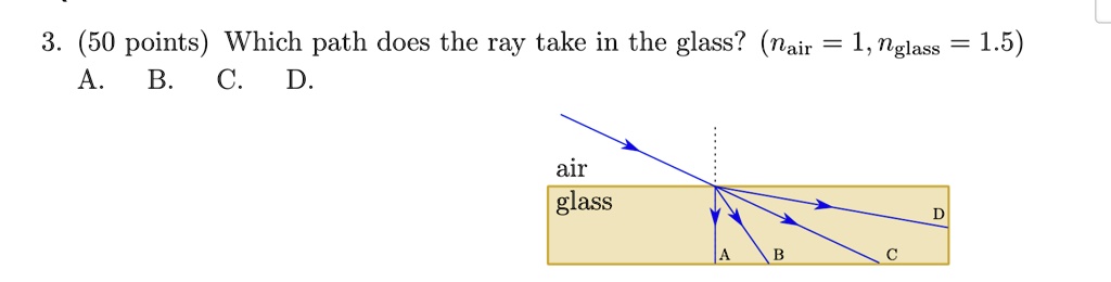 SOLVED: 3 (50 points) Which path does the ray take in the glass? (nair ...