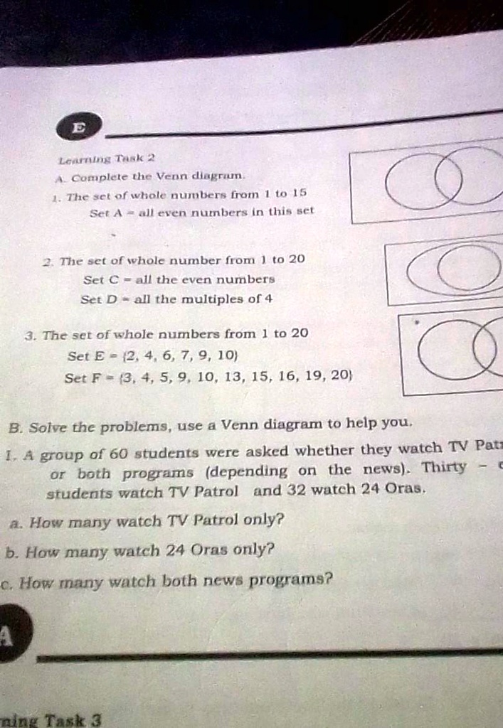 SOLVED: ELENT. Task A: Complete the Venn diagram. The set of whole ...