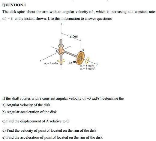 SOLVED: The disk spins about the arm with an angular velocity of Ï‰, which is increasing at a ...
