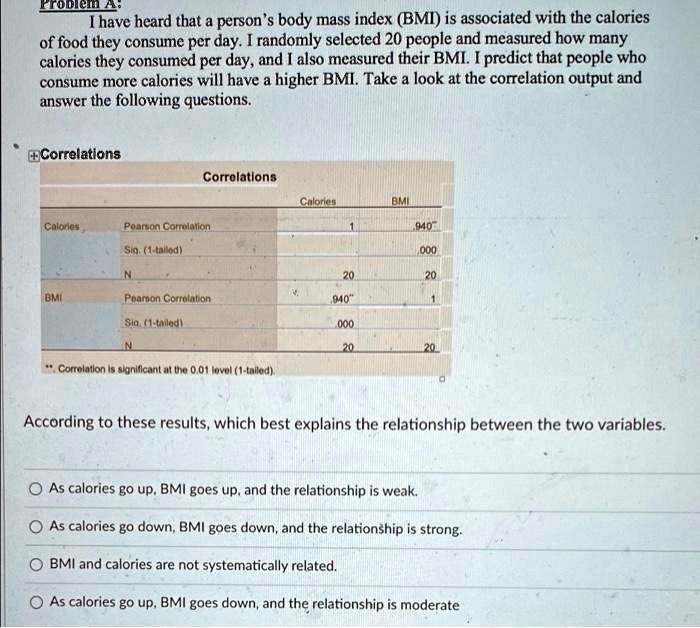 SOLVED: I have heard that a person's body mass index (BMI) is associated with the calories of ...