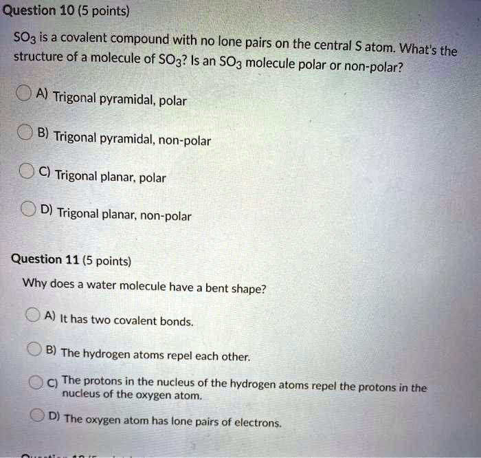 SOLVED: Question 10 (5 points) SO3 is a covalent compound with no lone ...