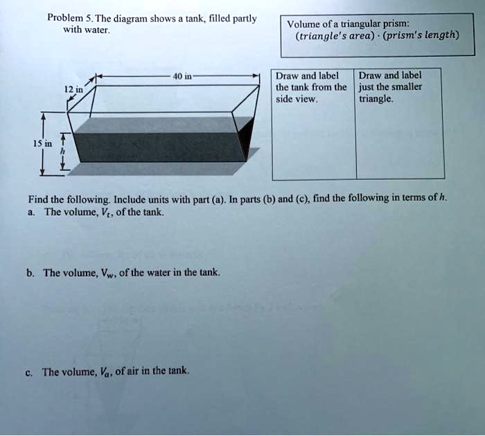 Problem 5. The diagram shows a tank, filled partly with water. Volume ...