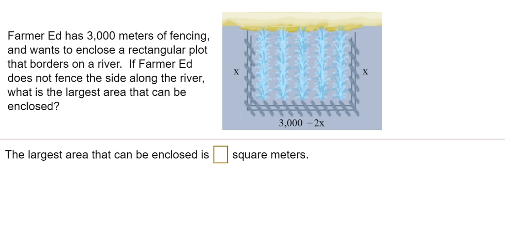 SOLVED:Farmer Ed has 3,000 meters of fencing and wants to enclose rectangular plot that borders ...