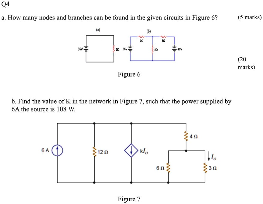 Q4 a. How many nodes and branches can be found in the given circuits in Figure 6? (5 marks) (a ...