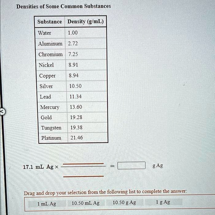 SOLVED: Set up the problem and calculate the mass of 17.1 mL of silver ...