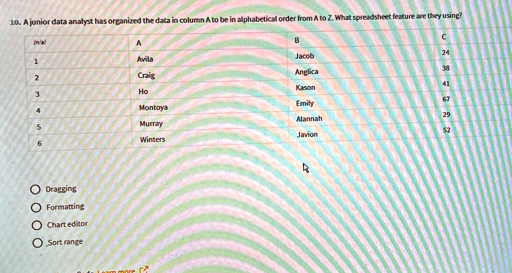10. A junior data analyst has organized the data in column A to be in ...