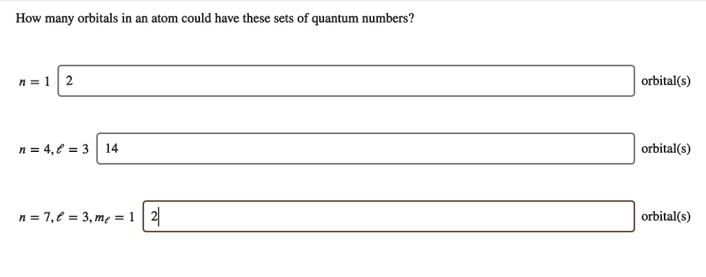 SOLVED: How many orbitals in an atom could have these sets of quantum numbers? n = 1 orbital(s ...