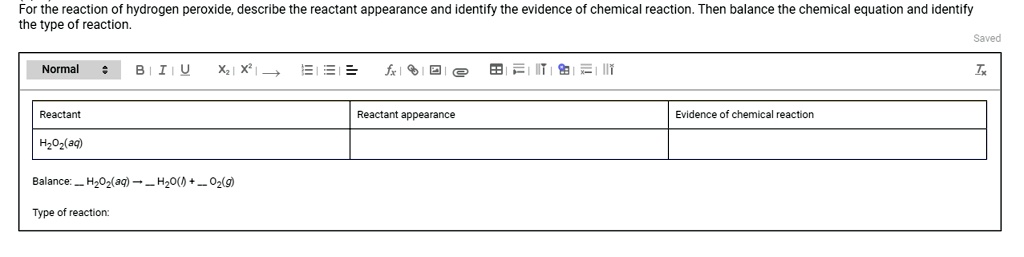 For the reaction of hydrogen peroxide, describe the appearance of the ...