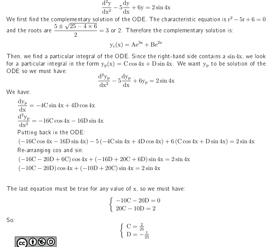 (d^2 y)/(d x^2)-5 (d y)/(d x)+6 y=2 sin 4 x We first find the ...