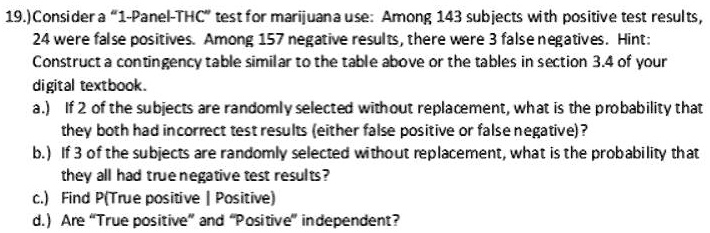19.) Consider a "1-Panel-THC" test for marijuana use: Among 143 ...