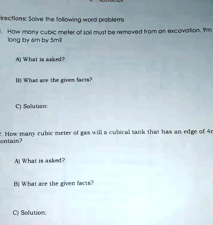 irections: Solve the following word problems 1. How many cubic meter of soil must be removed ...